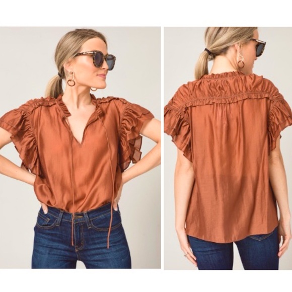 Current Air | Tops | Current Air Ruffle Blouse Large In Cognac Rust ...